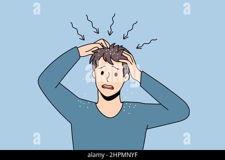 Itchy head and scalp concept. Stressed irritated woman standing and ...