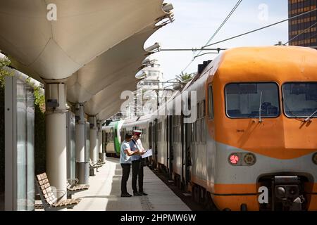 Train conductor on the platform at Gare Casa Voyageurs in Casablanca ...