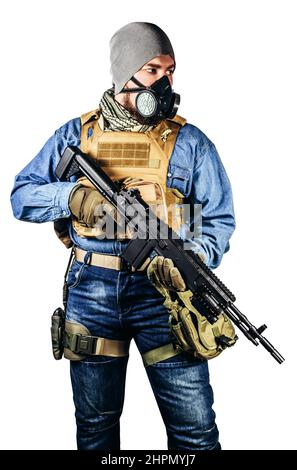 Isolated photo of urban soldier in tactical military outfit and gas ...