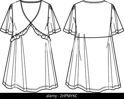 Dress with sleeves, dress CAD, dress style, apparel sketch, clothes for ...