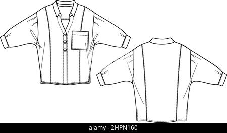 Vector long sleeved T-Shirt with buttons fashion CAD, woman crop shirt ...