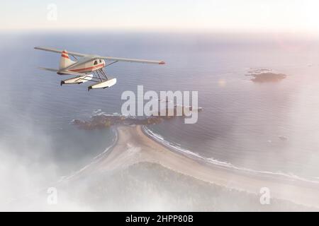 Seaplane Flying over the West Coast Pacific Ocean at sunset Stock Photo ...
