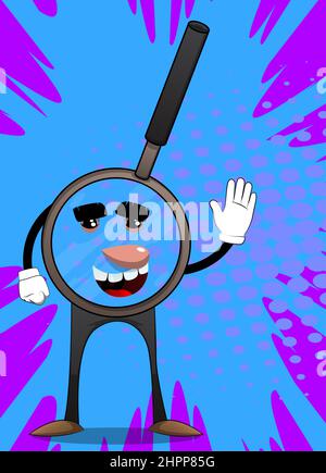 Magnifier with waving hand. Cartoon Character science research object ...