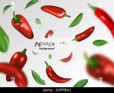 Many red chili peppers free falling on white background. Realistic ...