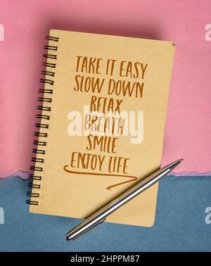 Handwriting text Slow Down Relax Destress. Concept meaning calming ...