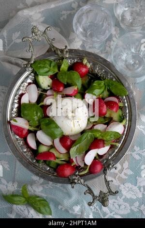 Burrata and radish salad with basil, lime and cucumber Photo Janerik ...