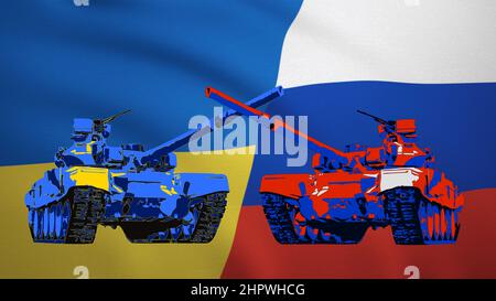 Ukraine and Russian tanks stand in front of each other in flags ...