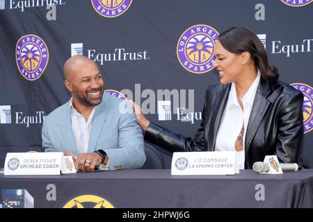 Liz Cambage (right) with Los Angeles Sparks general manager and coach ...