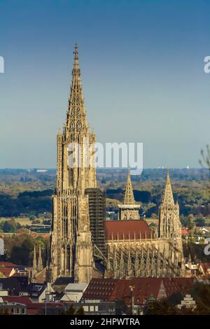 Ulm Cathedral, view of the south side, right front glass pyramid, city ...