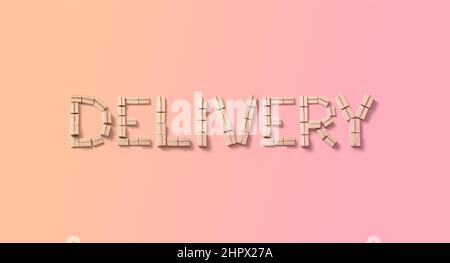 Word DELIVERY from cardboard boxes on color background Stock Photo - Alamy
