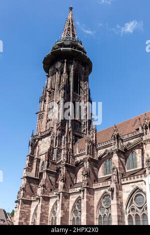 Main tower of world famous Freiburg Muenster cathedral, a medieval ...