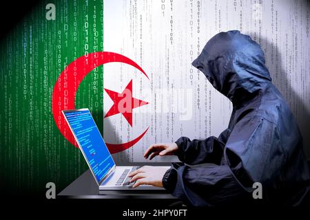 Anonymous hooded hacker, flag of Algeria, binary code - cyber attack concept Stock Photo - Alamy