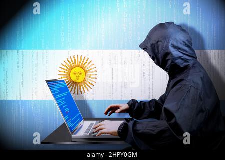Anonymous hooded hacker, flag of Argentina, binary code - cyber attack ...