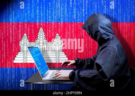 Anonymous hooded hacker, flag of Cambodia, binary code - cyber attack ...