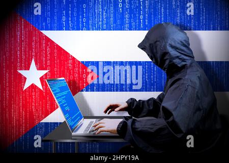 Anonymous hooded hacker, flag of Cuba, binary code - cyber attack ...