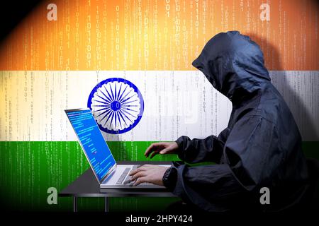 Anonymous hooded hacker, flag of India binary code - cyber attack concept Stock Photo - Alamy