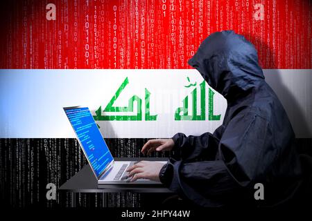 Anonymous hooded hacker, flag of Iraq, binary code - cyber attack ...