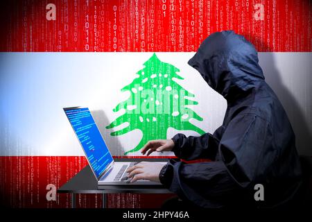 Anonymous hooded hacker, flag of Lebanon, binary code - cyber attack ...