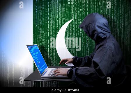 Anonymous hooded hacker, flag of Pakistan, binary code - cyber attack concept Stock Photo - Alamy