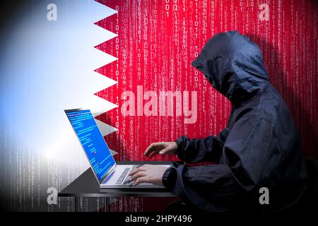 Anonymous hooded hacker, flag of Qatar, binary code - cyber attack ...