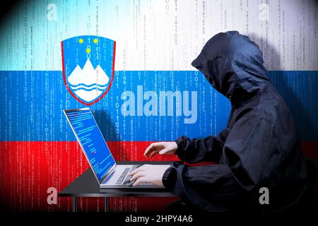 Anonymous hooded hacker, flag of Slovenia, binary code - cyber attack concept Stock Photo - Alamy