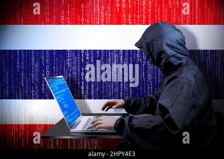Anonymous hooded hacker, flag of Thailand, binary code - cyber attack ...