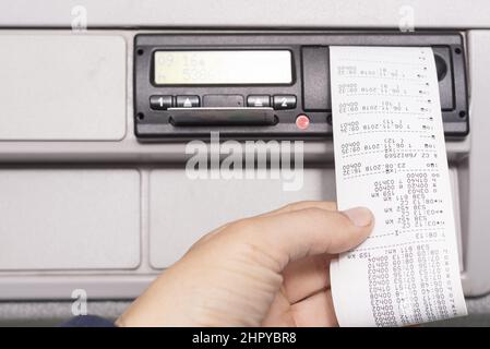 Printed time record check coming out of the digital tachograph Stock ...