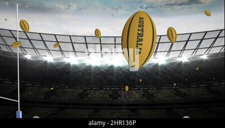 Yellow rugby ball with australia text over wooden surface against smoke ...