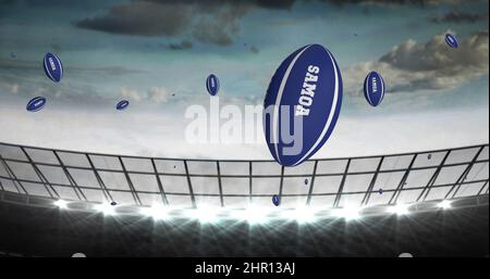 Blue rugby ball with samoa text over wooden surface against smoke ...
