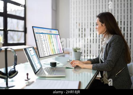Using Corporate Invoice Spreadsheet On Computer Monitors Stock Photo ...