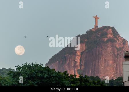 Full moon with Christ the Redeemer in Rio de Janeiro, Brazil - January ...
