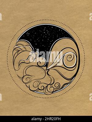 A stylized image of the wind spirit in the form of a medallion. Black ...