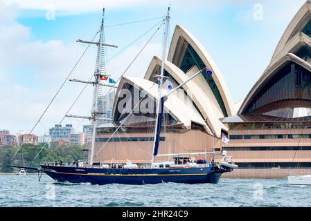 Brigantine square rigged sailing ship in full sail in the South Pacific ...