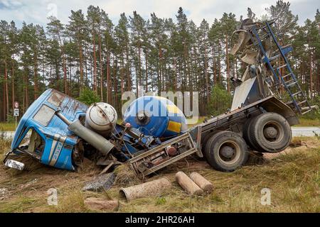 July 19, 2021 Vangazi, Latvia: concrete mixer truck that got into a car ...