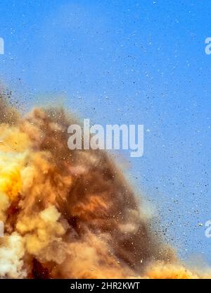 Extreme dust storm during dynamite blasting on the construction site ...
