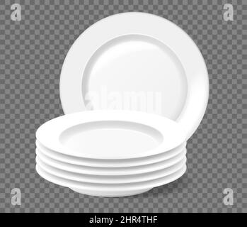 Washed dishes. Realistic clean dinner plates stack for detergent or ...