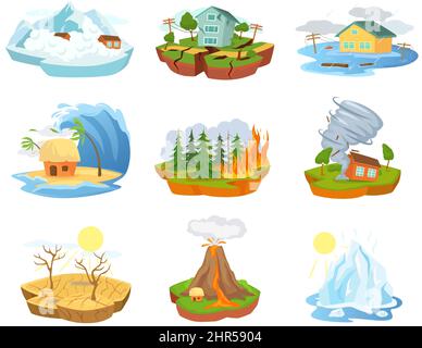 Cartoon natural disasters and catastrophes, extreme weather. Earthquake ...
