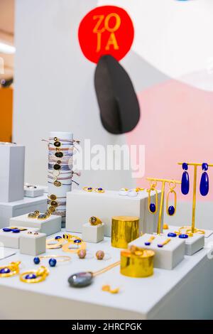 Vertical shot of items on display at exhibitor stands at the hand-made ...