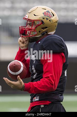 Laval Rouge et Or quarterback Hugo Richard (4) steps back to throw ...
