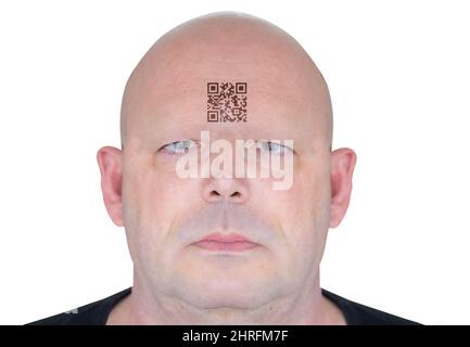 Man With QR Code On Forehead On Background Of Fluorescent Chip, front ...