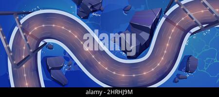 Road or bridge top view, winding highway over sea water surface ...
