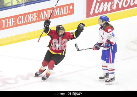 Calgary Inferno's Zoe Hickel (left) and Tori Hickel celebrate with the ...