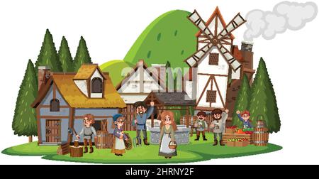 Isolated ancient medieval village and villagers illustration Stock ...