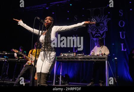 York, UK. 26th Feb, 2022. Nadine Caesar, lead singer of British soul ...