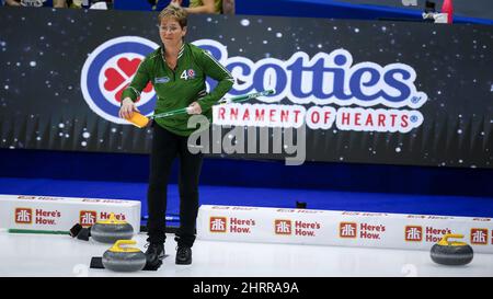 Team Saskatchewan skip Sherry Anderson reacts to her shot against Team ...