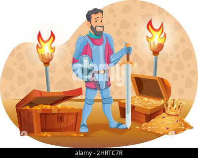 Castle dungeon with treasure chest, gold money piles, jewelry and gem ...