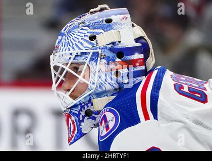 New York Rangers goaltender Alexandar Georgiev watches a rebound during ...