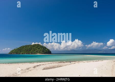 Landscape of the Bon Bon Beach surrounded by hills and sea in Romblon ...