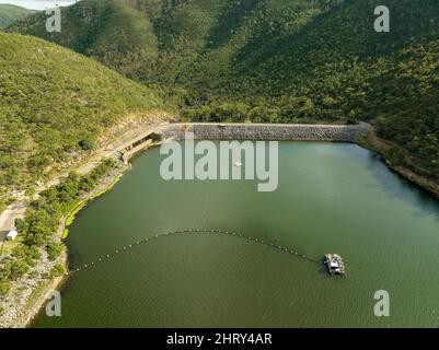 Eungella Dam overflow and wall built between mountains. Queensland ...