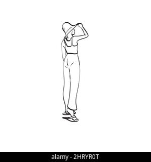 line art full length of woman with hat sitting on the rock illustration ...